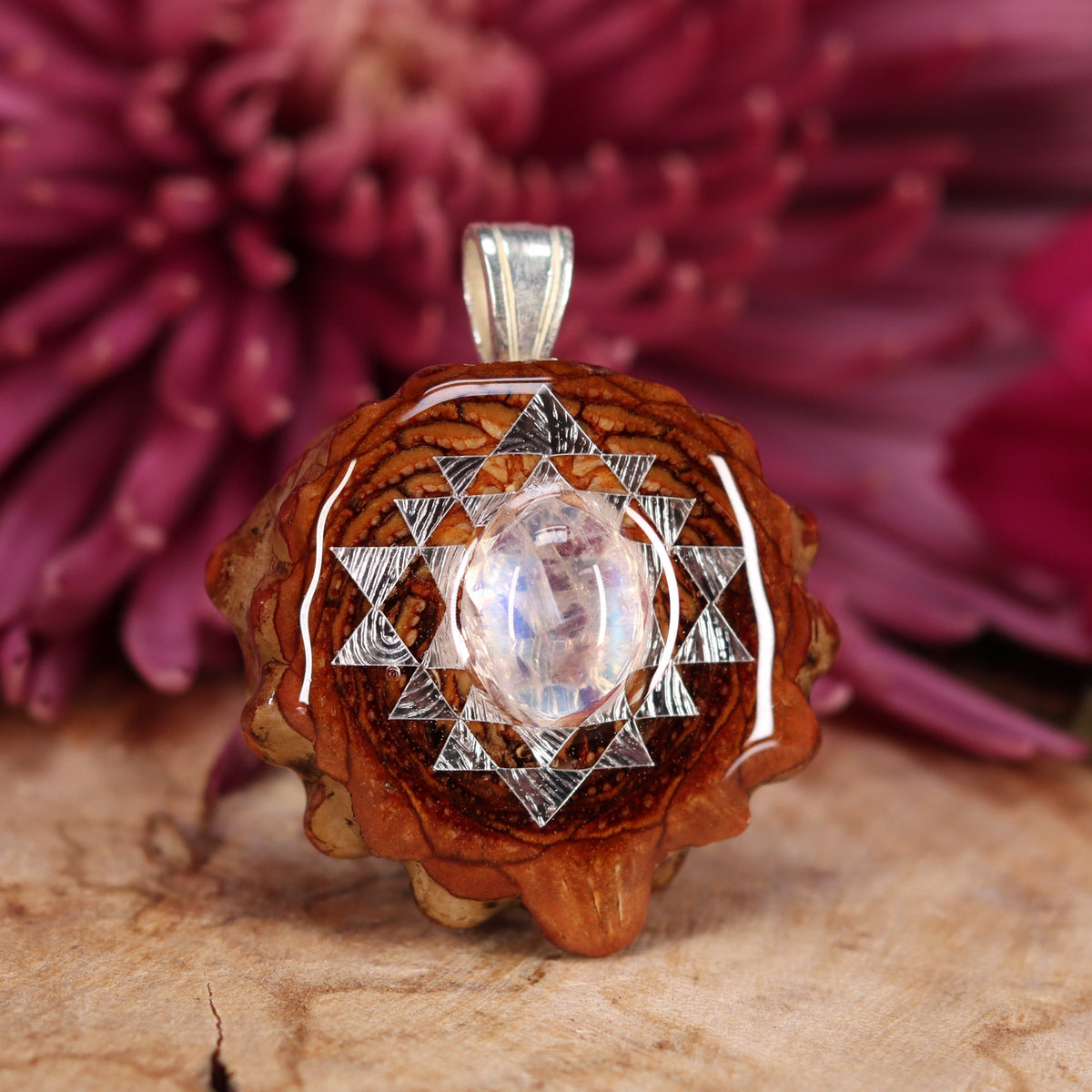 Moonstone with Silver Sri Yantra – Third Eye Pinecones