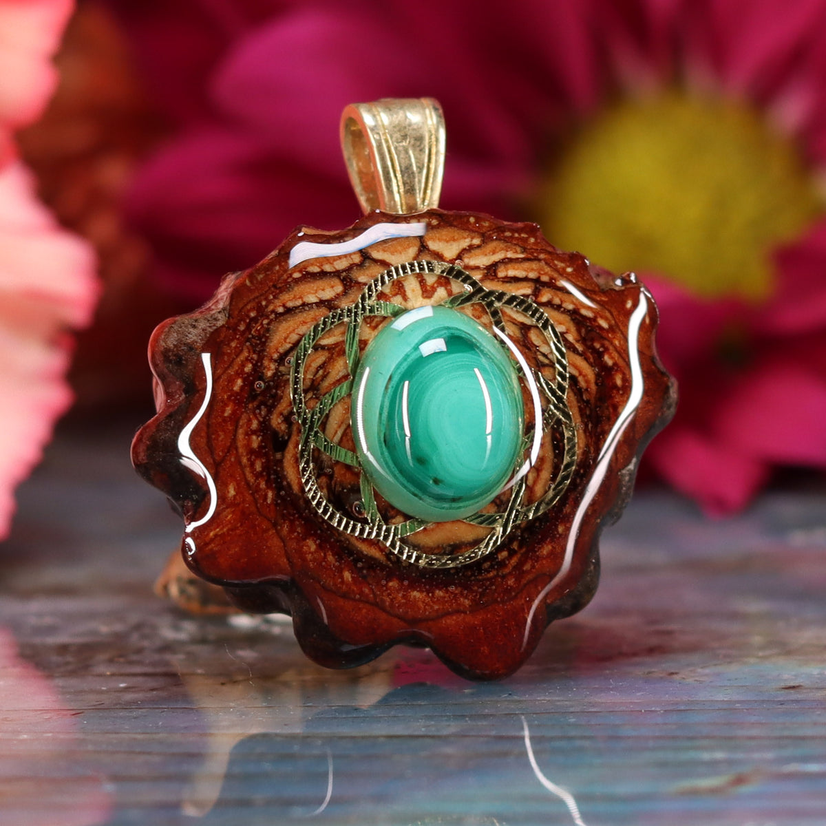Malachite with Gold Seed of Life – Third Eye Pinecones