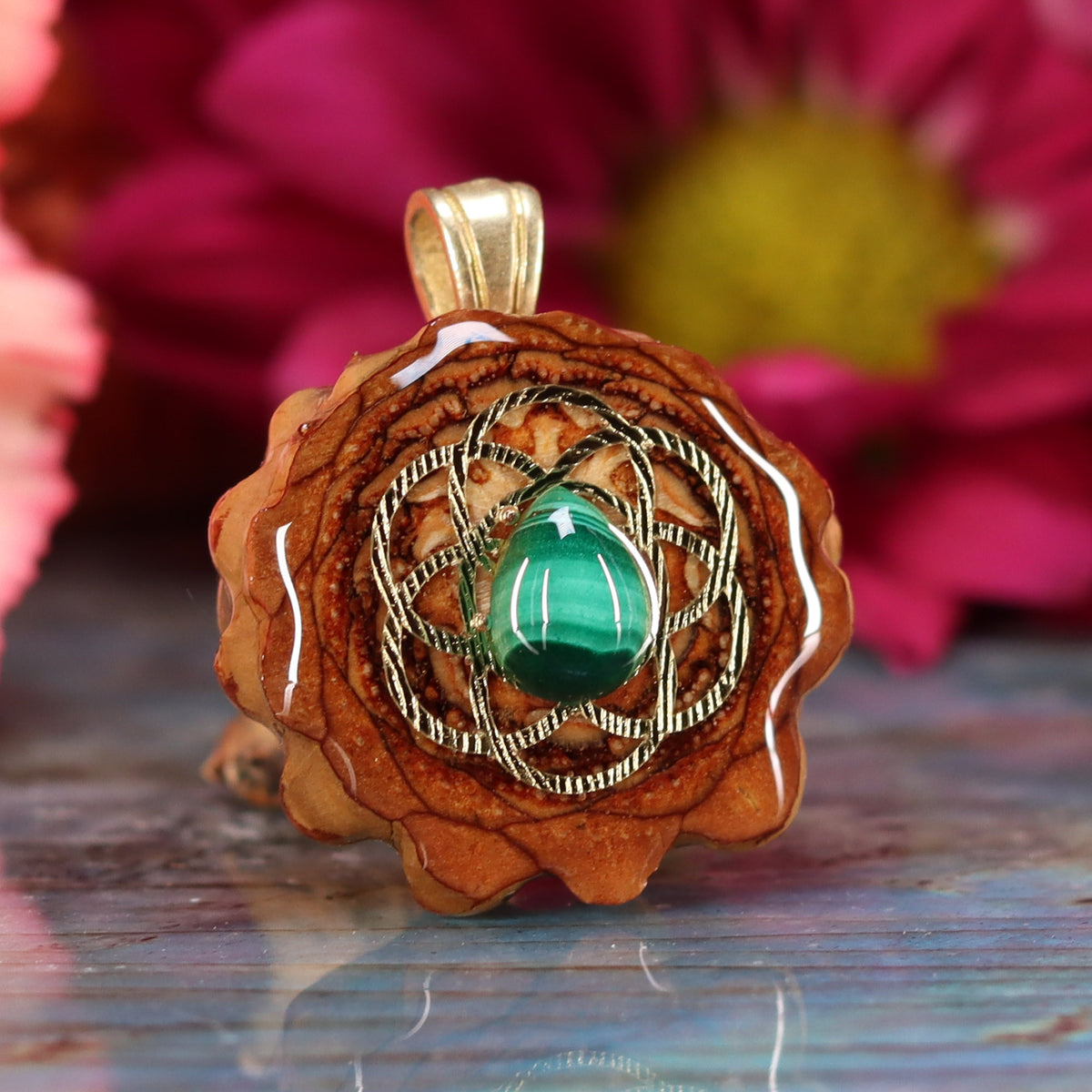 Malachite with Gold Seed of Life – Third Eye Pinecones