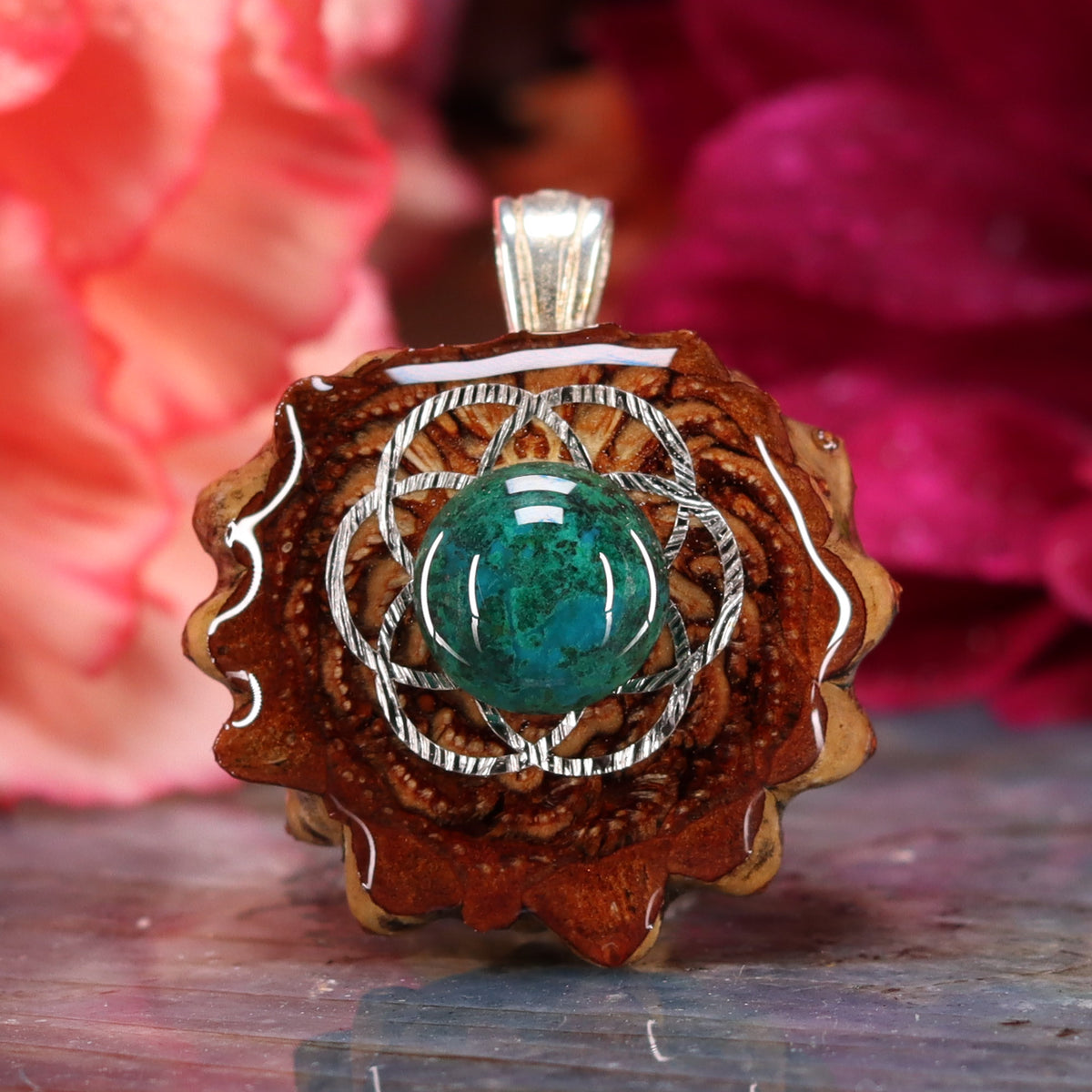 Chrysocolla with Silver Seed of Life – Third Eye Pinecones