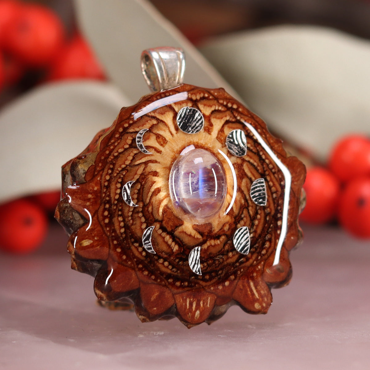 Moonstone with Silver Moon Cycle – Third Eye Pinecones