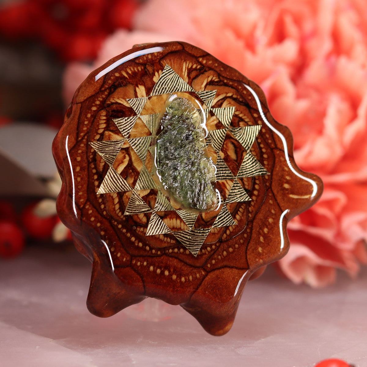 Moldavite with Gold Sri Yantra – Third Eye Pinecones