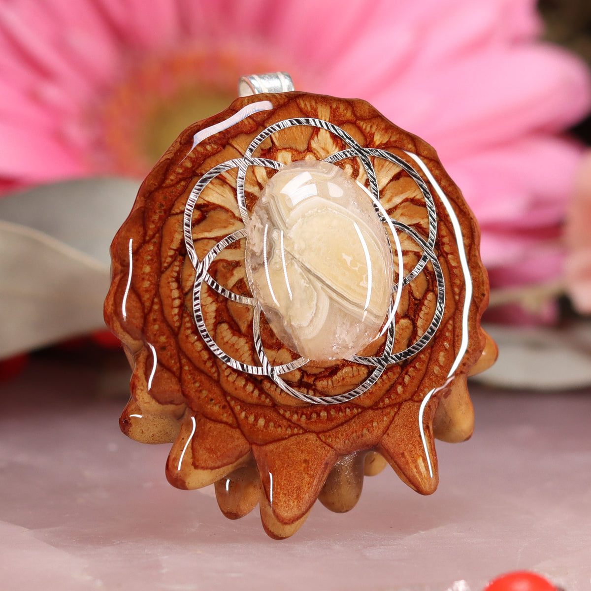 Crazy Lace Agate with Silver Seed of Life – Third Eye Pinecones