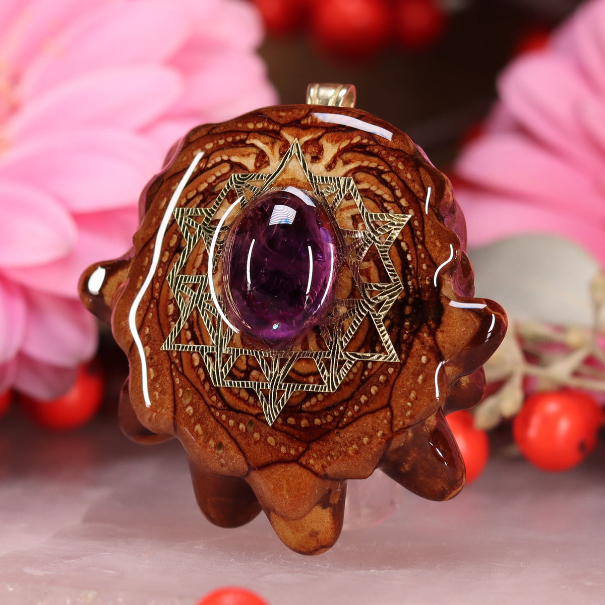 Amethyst with Gold 64 Star Tetrahedron – Third Eye Pinecones
