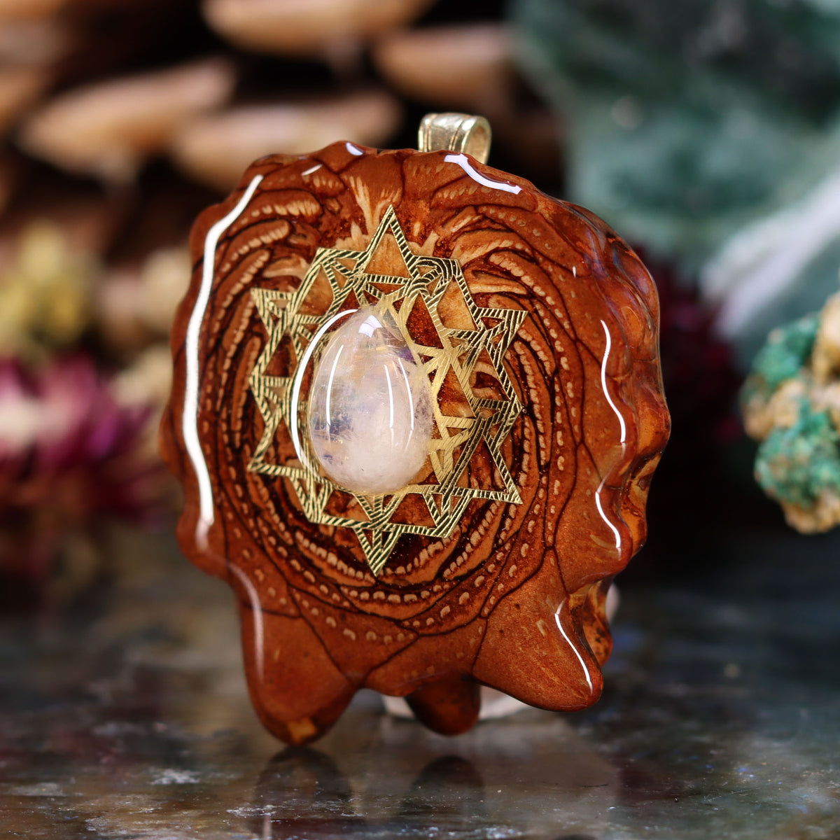 Moonstone with Gold 64 Star Tetrahedron – Third Eye Pinecones