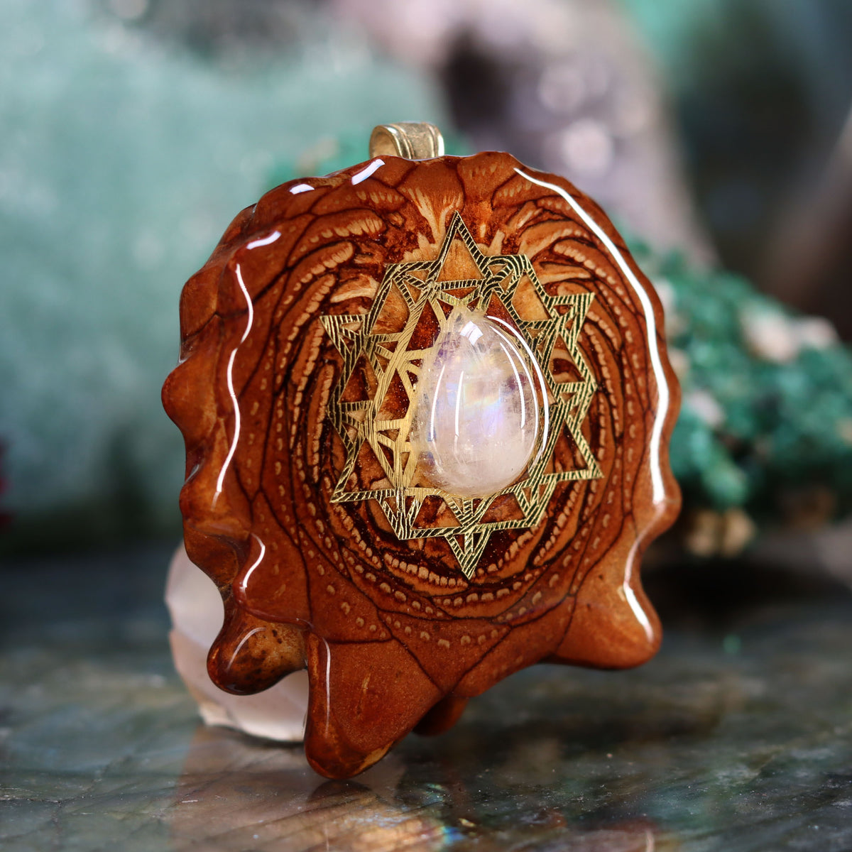 Moonstone with Gold 64 Star Tetrahedron – Third Eye Pinecones