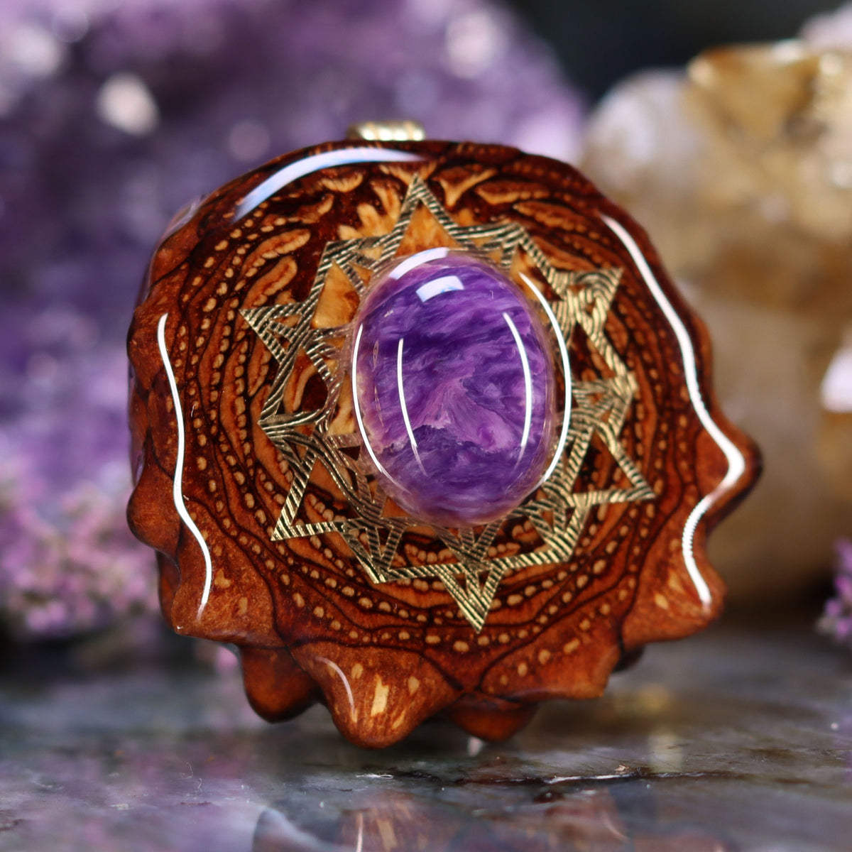 Charoite with Gold 64 Star Tetrahedron – Third Eye Pinecones