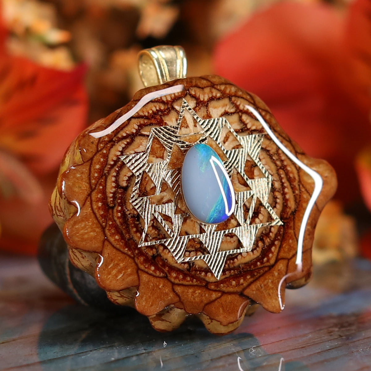 Australian Blue Opal with Gold 64 Star Tetrahedron – Third Eye Pinecones