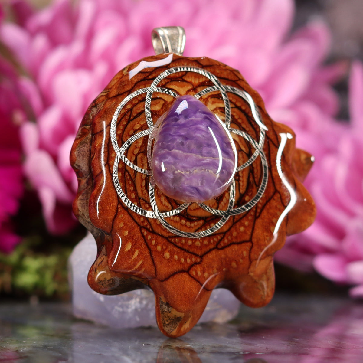 Charoite with Silver Seed of Life and Back Om – Third Eye Pinecones