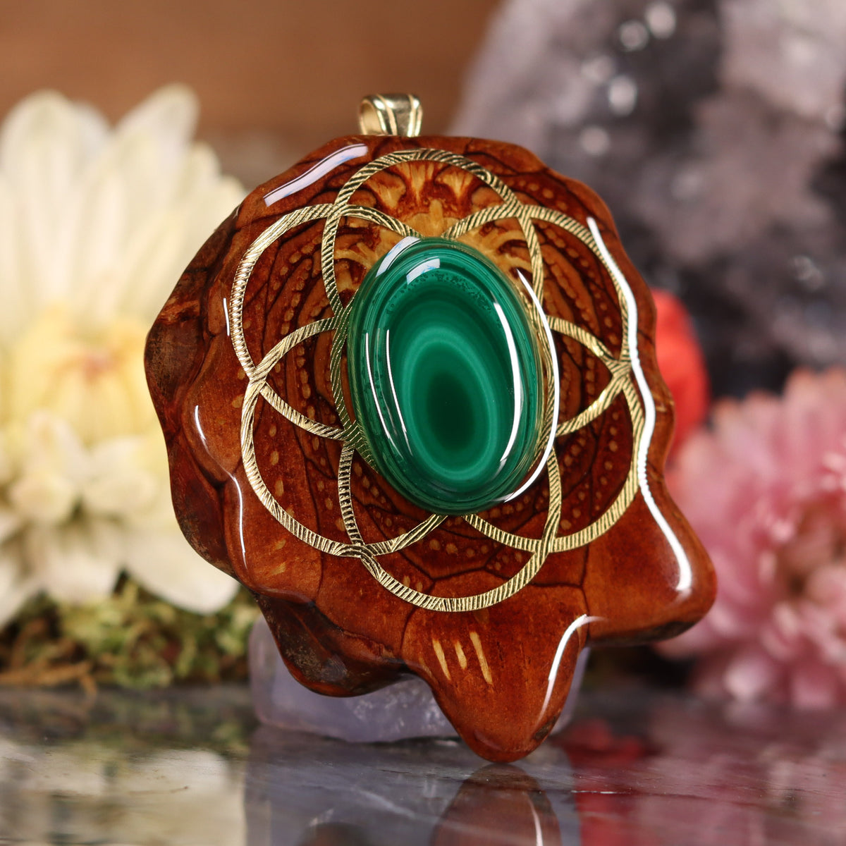 Malachite with Gold Seed of Life – Third Eye Pinecones