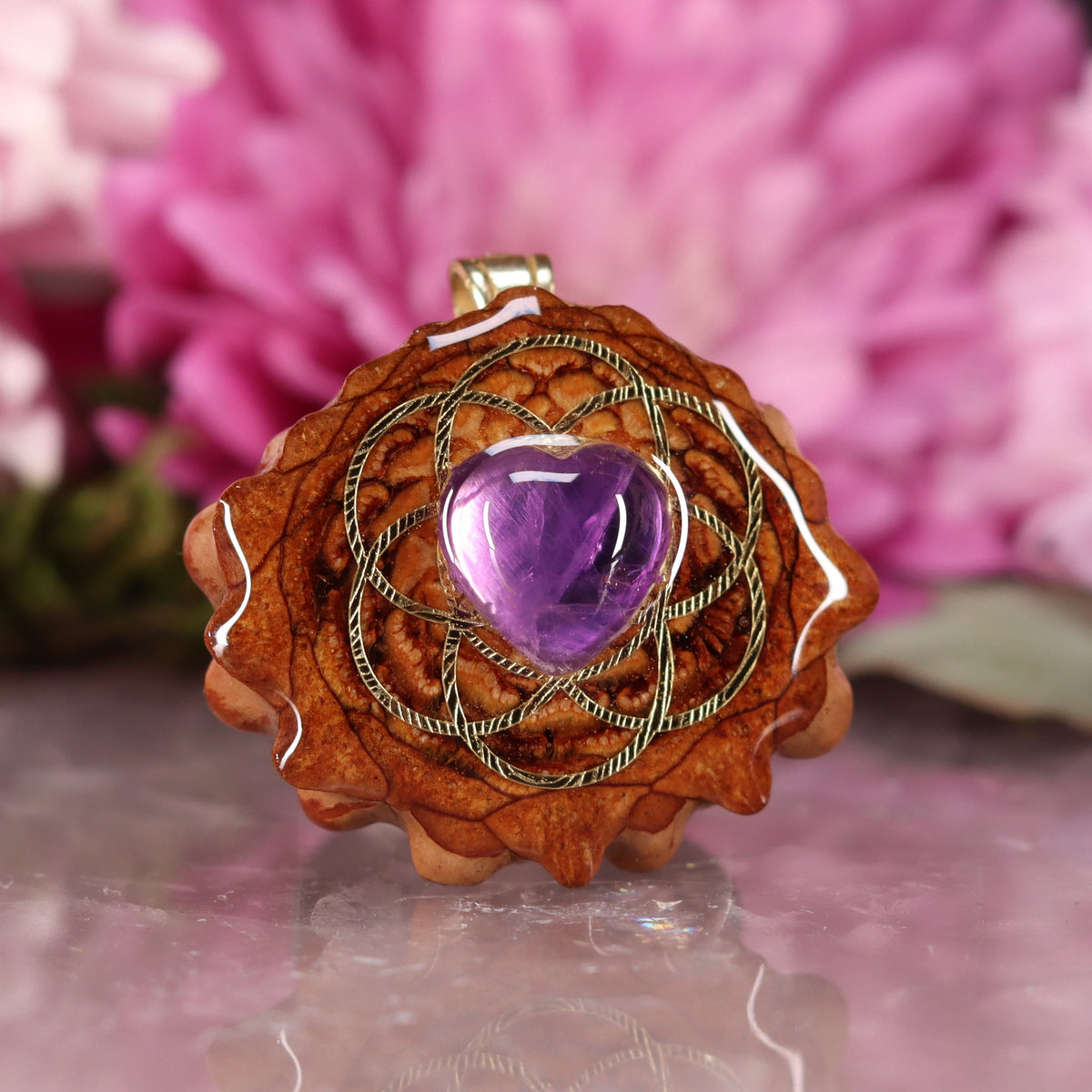 Amethyst Heart with Gold Seed of Life – Third Eye Pinecones