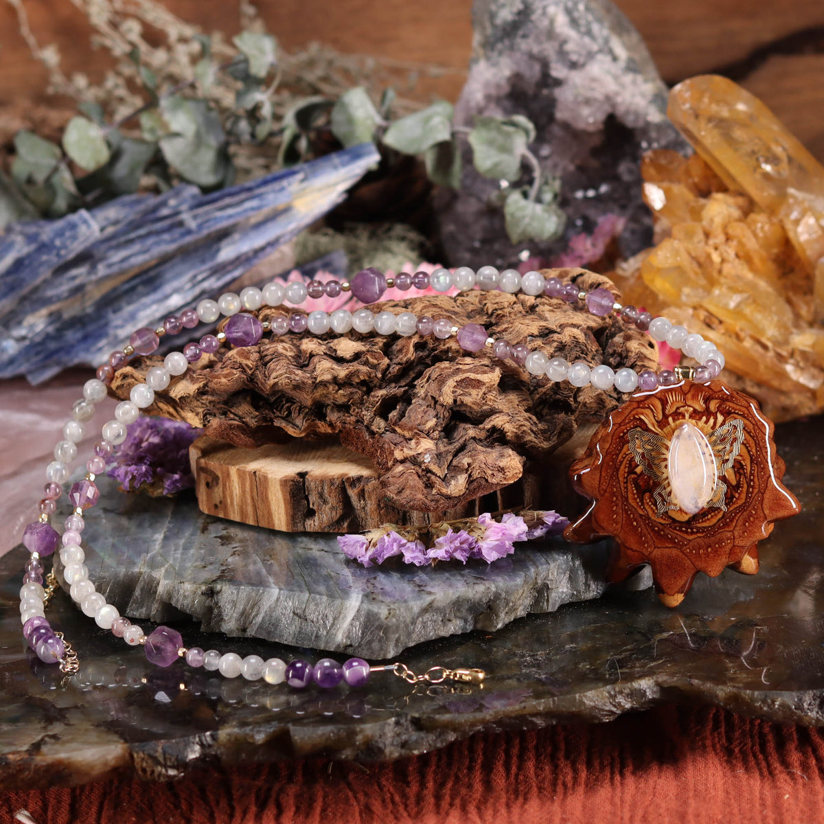 Moonstone with Gold Butterfly Beaded Necklace – Third Eye Pinecones