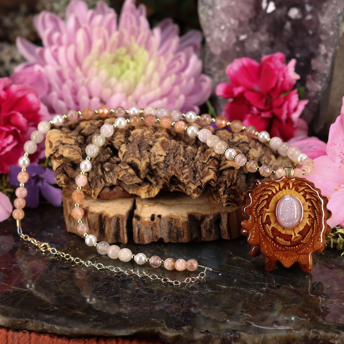 White Druzy Quartz Beaded Necklace – Third Eye Pinecones