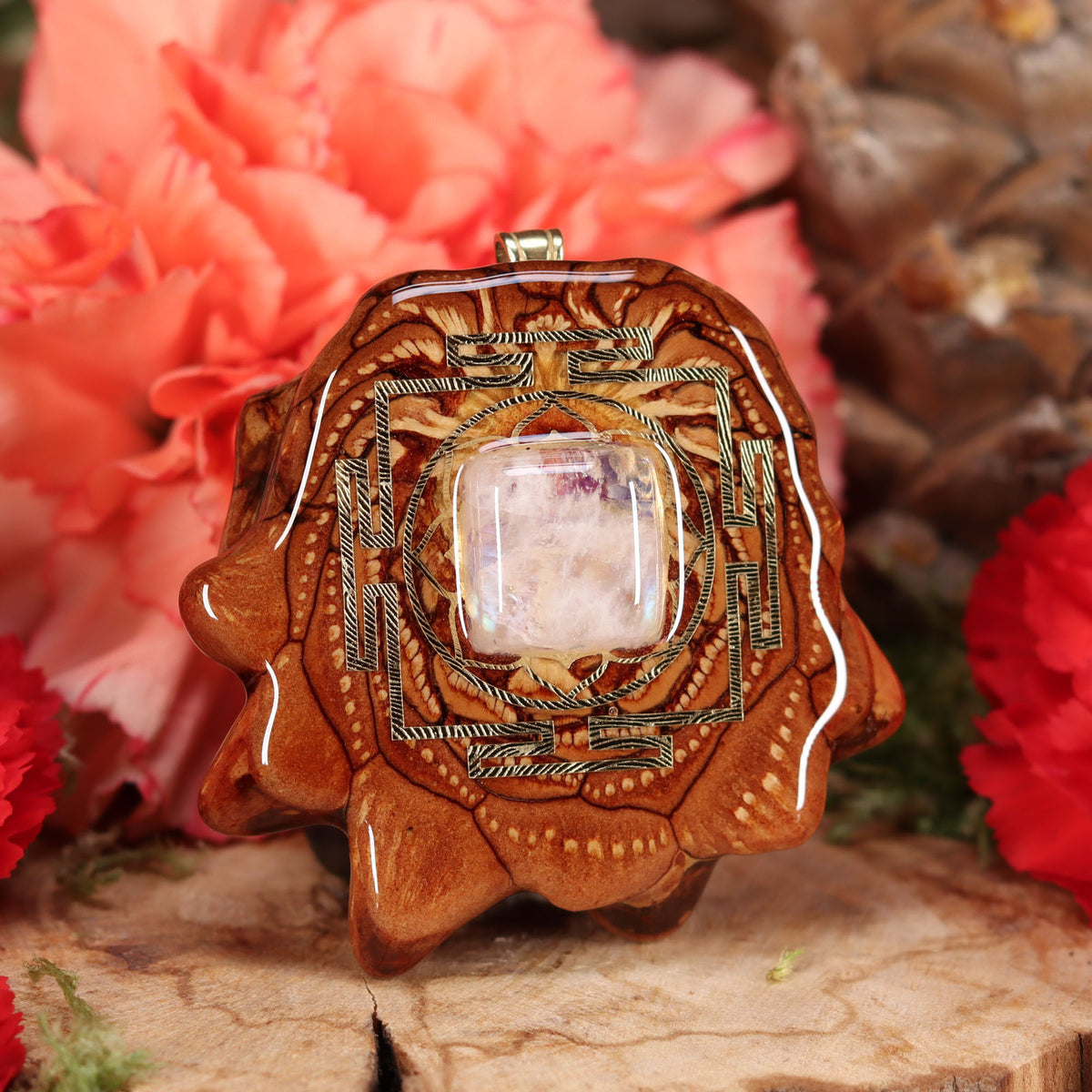 Moonstone with Gold Kali Yantra – Third Eye Pinecones