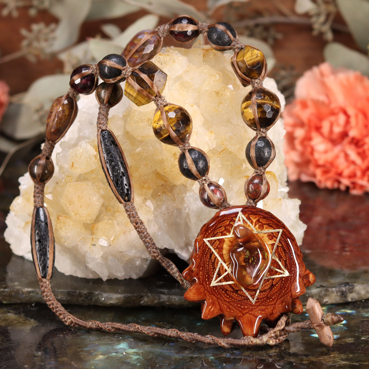 Mexican Fire Agate with Gold Merkaba Sinew – Third Eye Pinecones