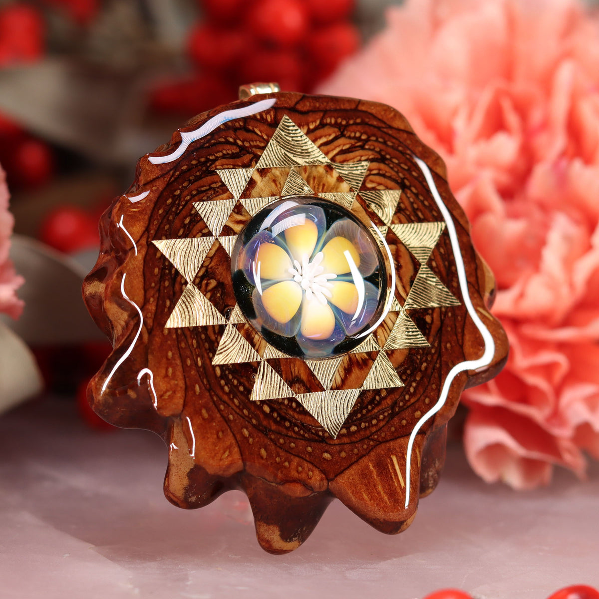 Yellow Phoenix Orchid Glass with Gold Sri Yantra – Third Eye Pinecones
