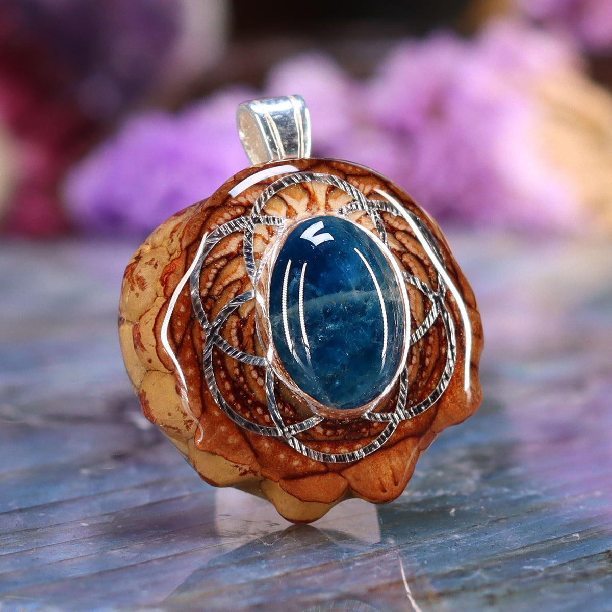Blue Apatite with Silver Seed of Life – Third Eye Pinecones