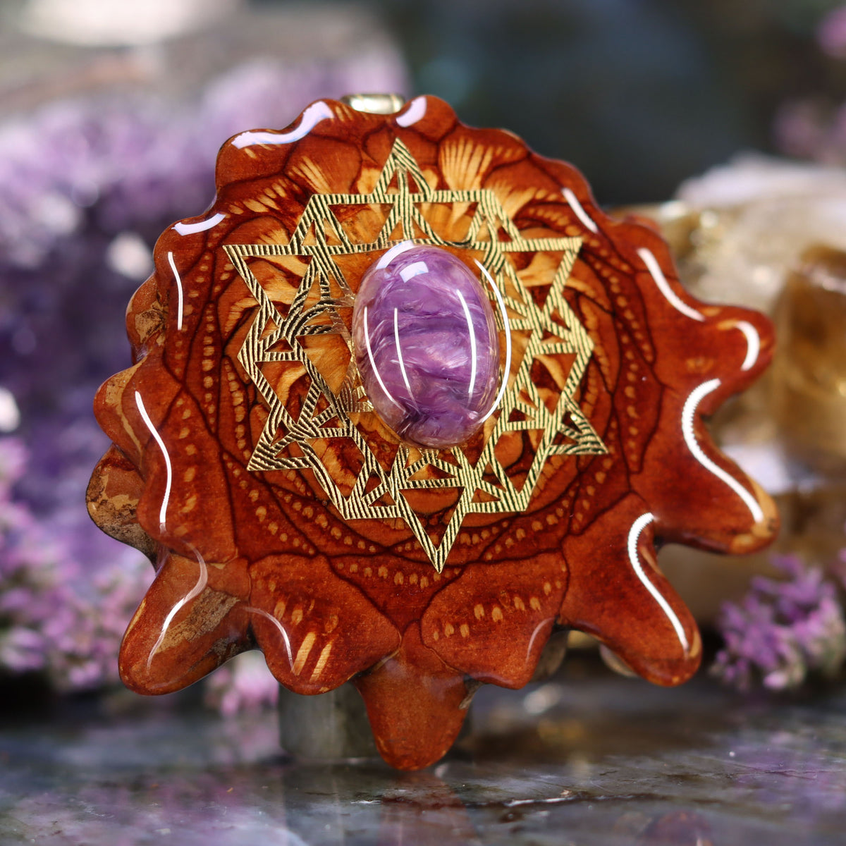 Charoite with Gold 64 Star Tetrahedron – Third Eye Pinecones