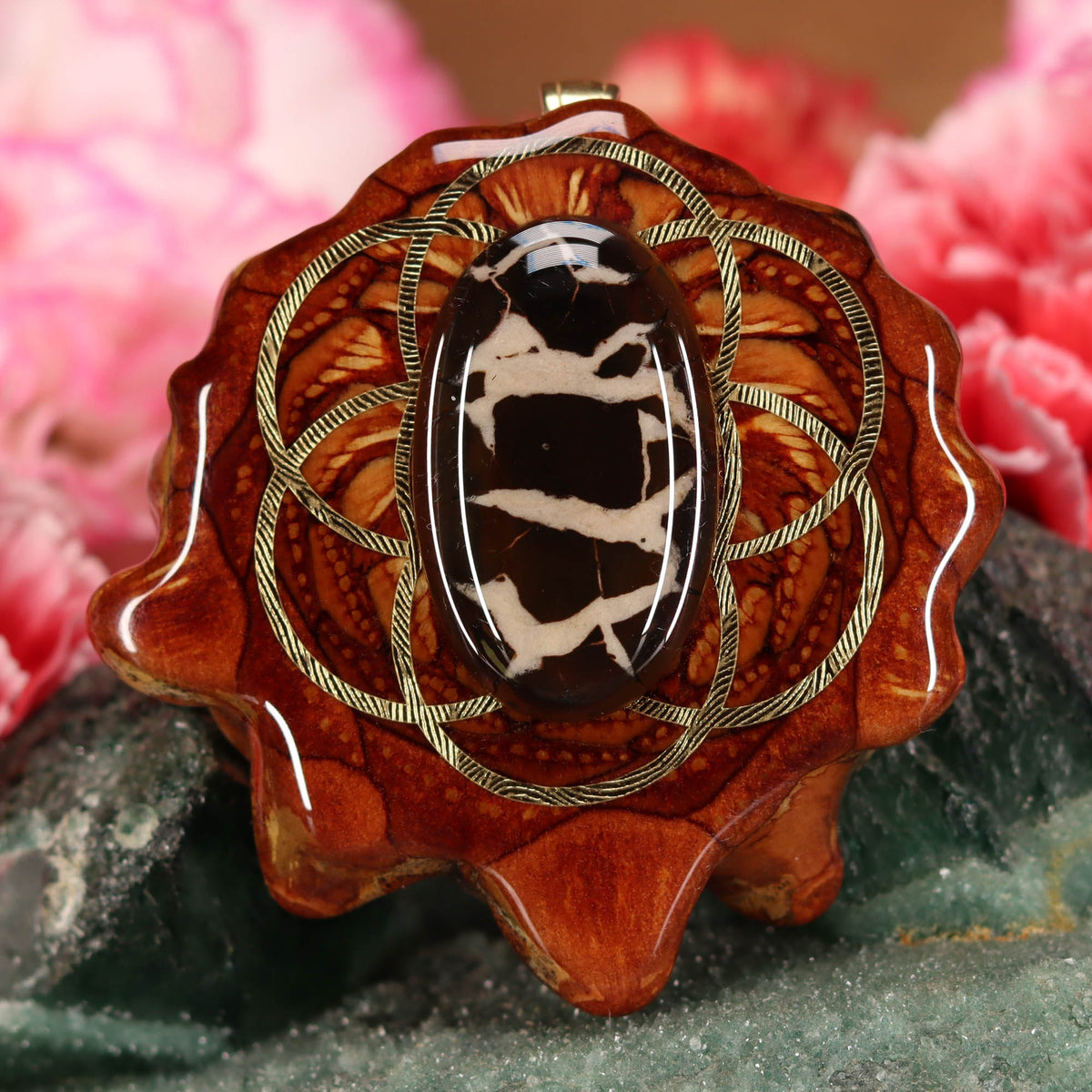 Septarian with Gold Seed of Life and Back Om – Third Eye Pinecones