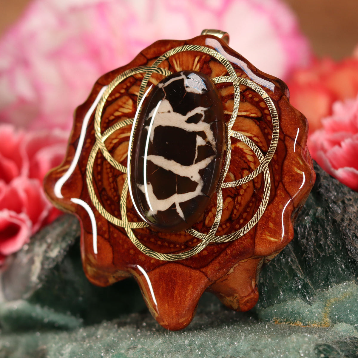 Septarian with Gold Seed of Life and Back Om – Third Eye Pinecones