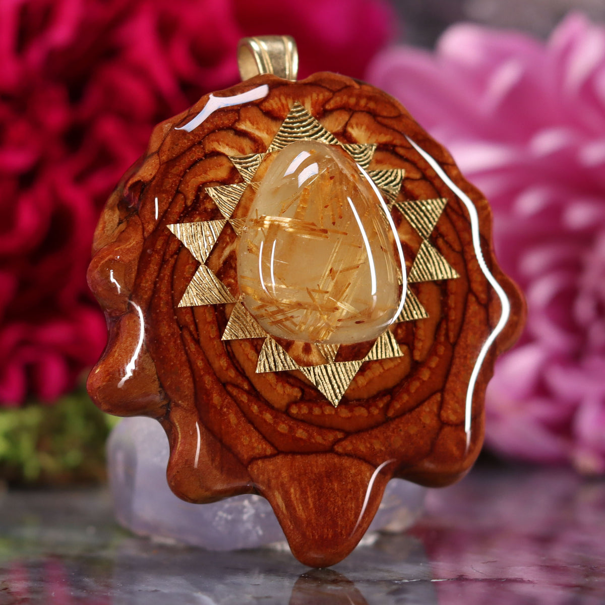 Glowing Rutilated Quartz with Gold Sri Yantra – Third Eye Pinecones