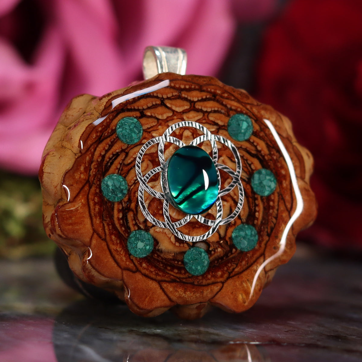 Green Paua Shell with Silver Seed of Life Multi-Glow – Third Eye Pinecones