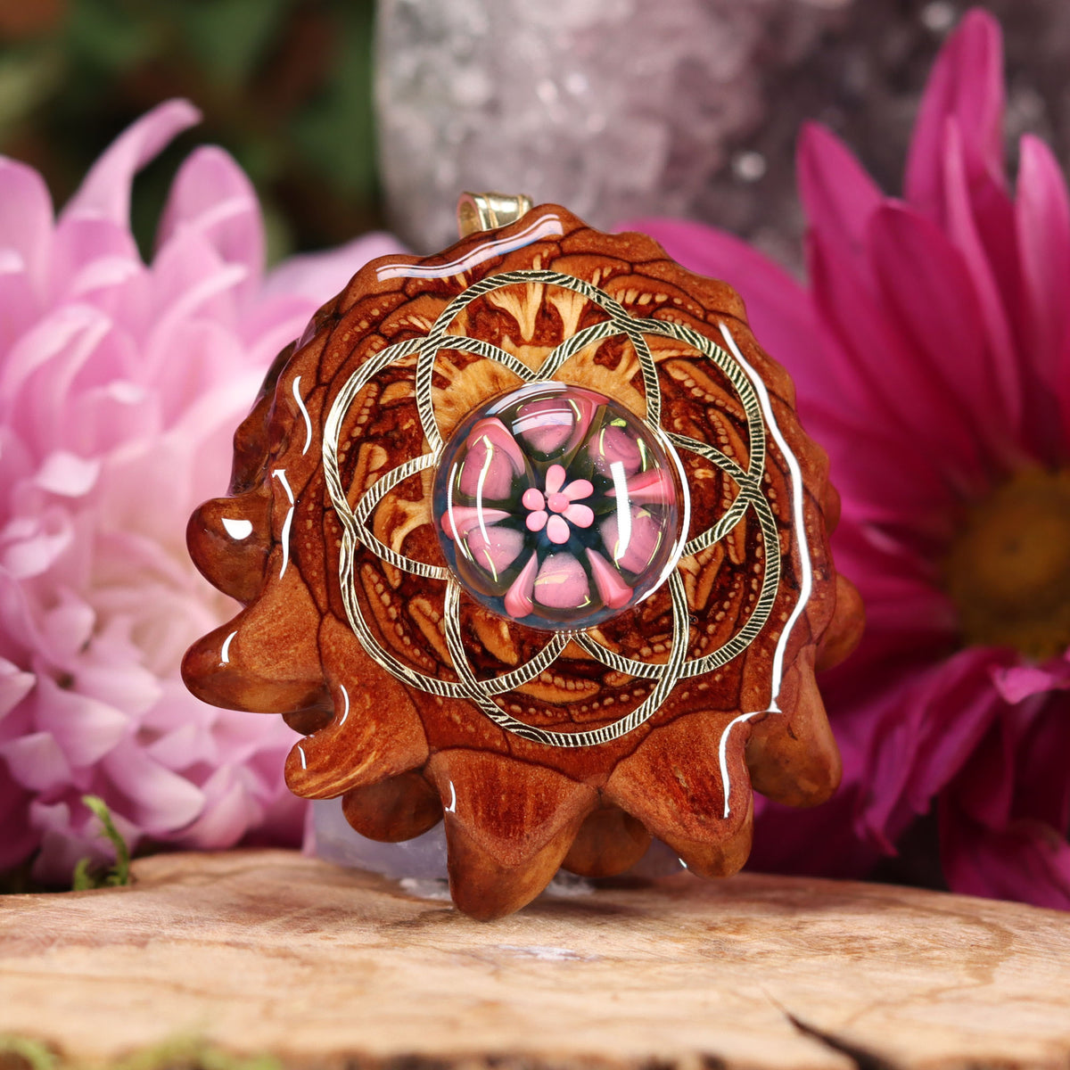 Pink Phoenix Orchid Glass with Gold Seed of Life – Third Eye Pinecones