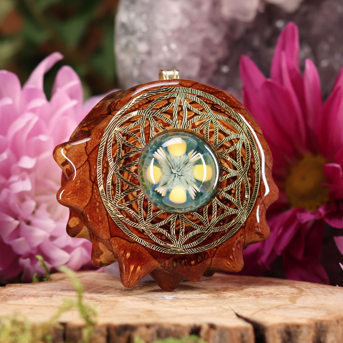 Blue Phoenix Orchid Glass with Gold Flower of Life – Third Eye Pinecones